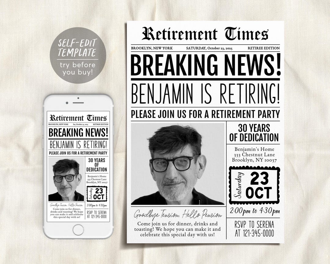 Retirement Newspaper Invitation Editable Template, Retirement Surprise ...