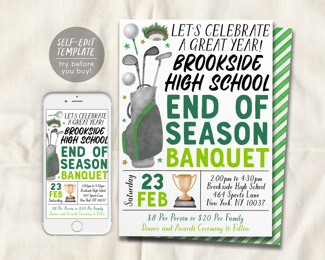 Golf End of Season Sports Banquet Invitation Editable Template, Golf ...