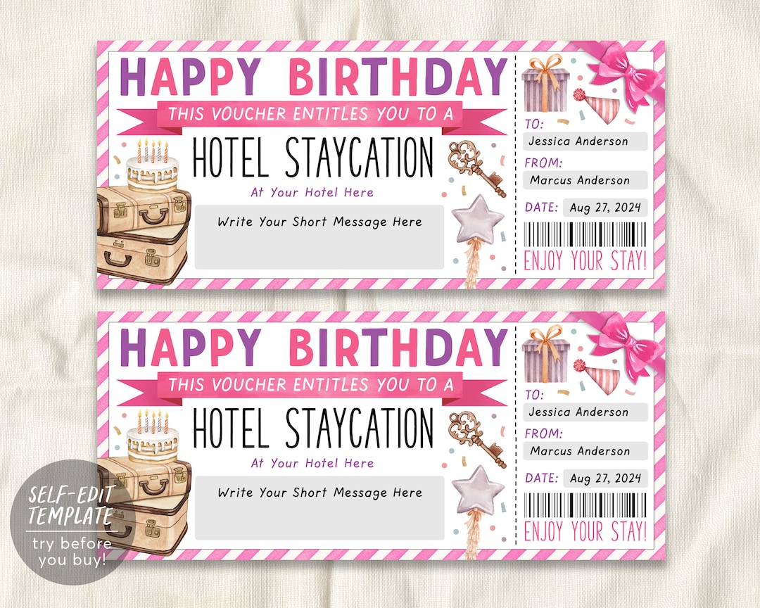 Birthday Hotel Staycation Voucher Editable Template, Surprise Hotel ...