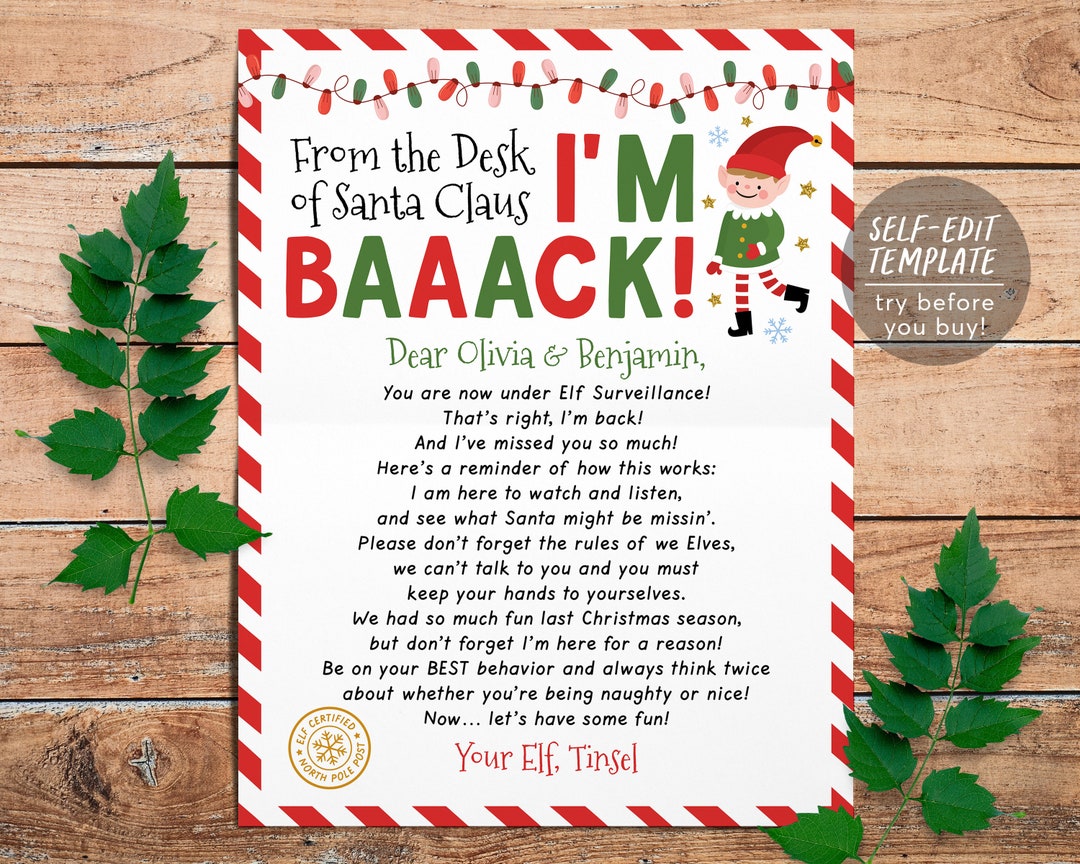 Hello Letter From Elf Editable Template, Christmas We're Back Elf ...