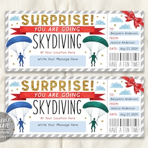 Skydiving Ticket Gift Certificate Ticket Editable Template, Surprise ...