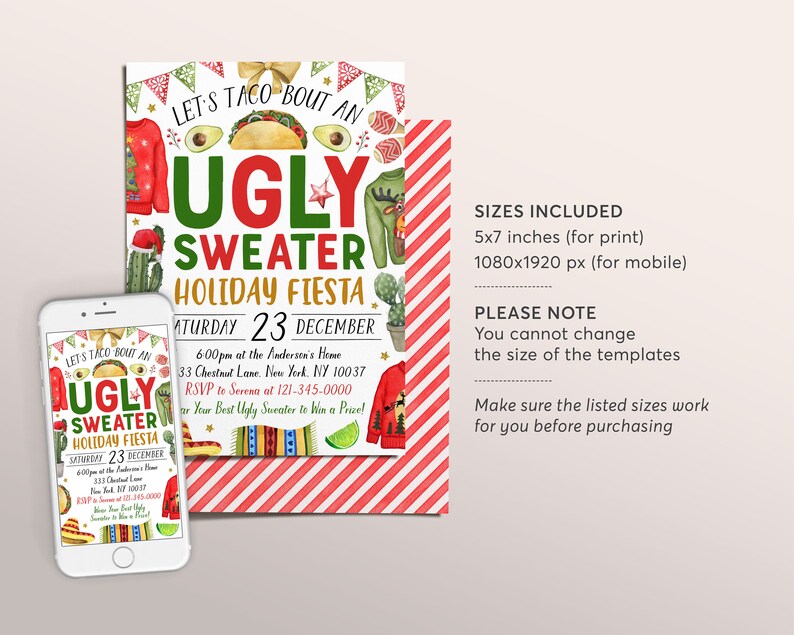 Ugly Sweater Fiesta Christmas Invitation Editable Template, Taco 'bout ...