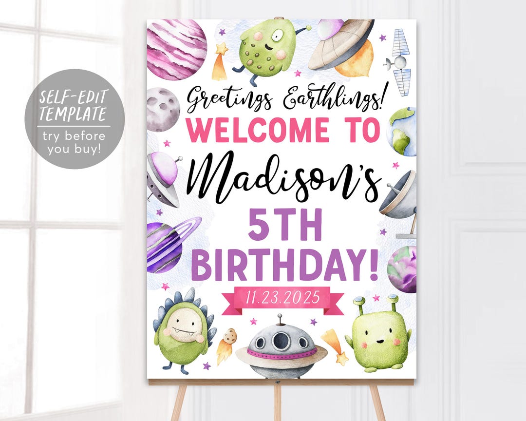 Alien Birthday Party Welcome Sign Editable Template, Girl Outer Space ...