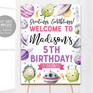 Alien Birthday Party Welcome Sign Editable Template, Girl Outer Space ...