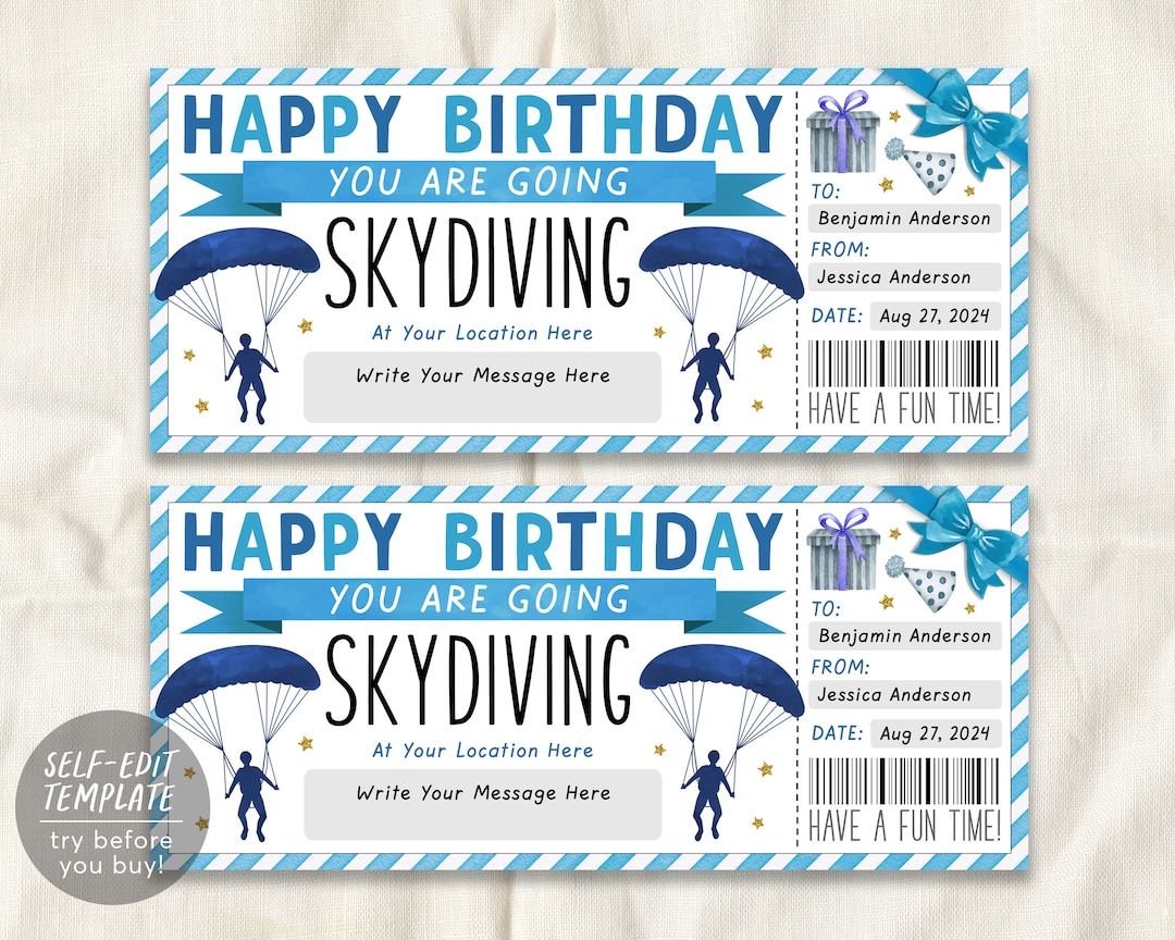 Skydiving Ticket Gift Certificate Ticket Editable Template, Birthday ...