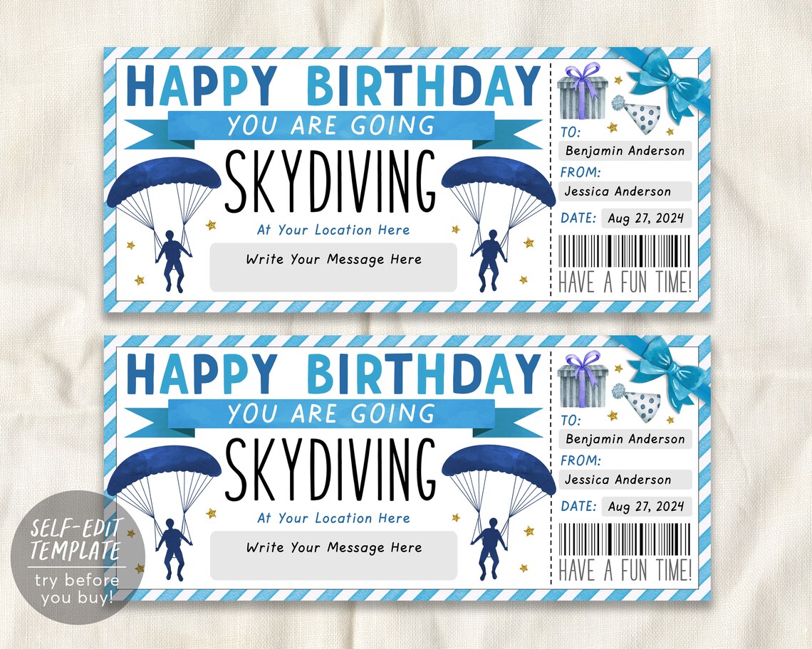 Skydiving Ticket Gift Certificate Ticket Editable Template, Birthday ...