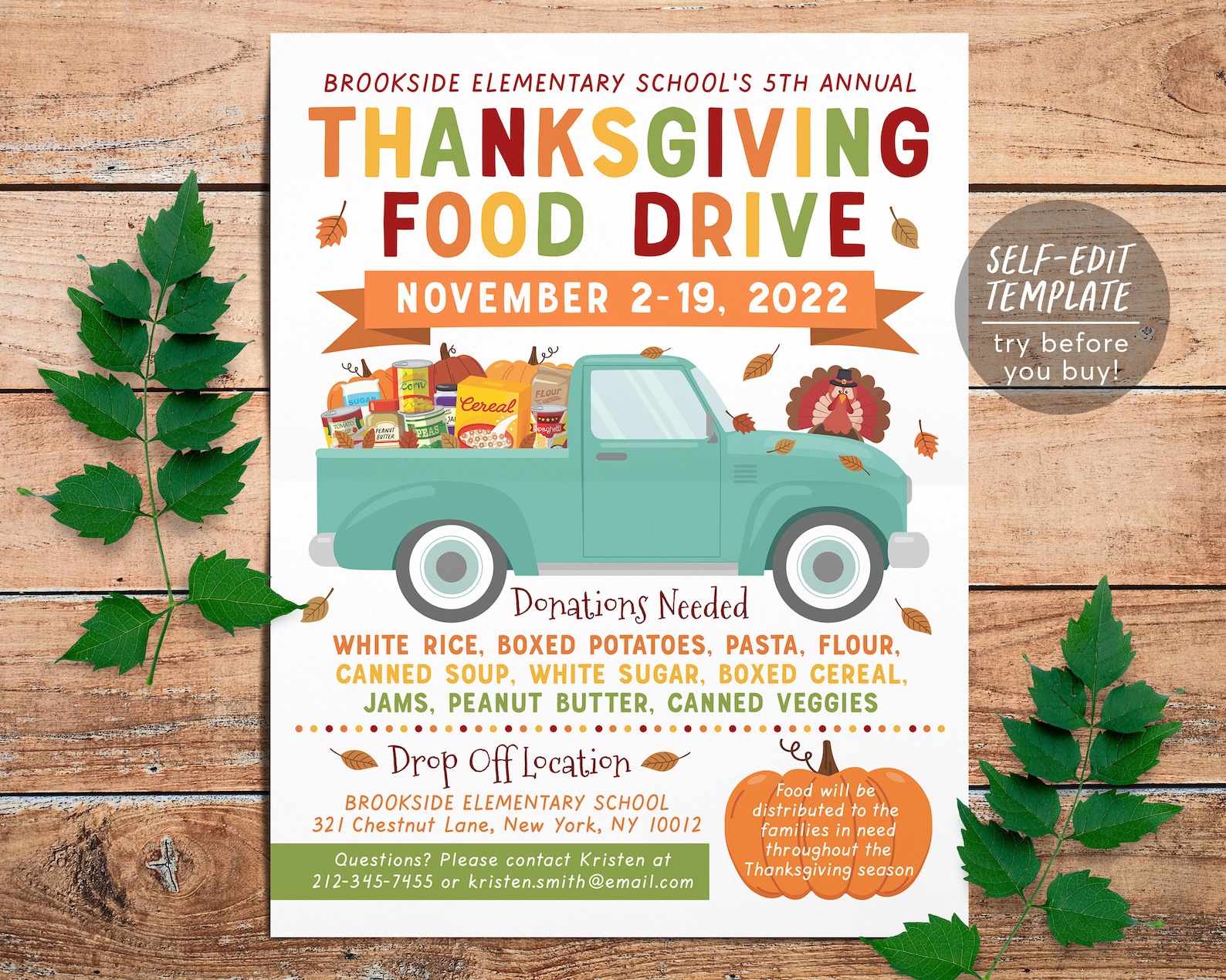 Fall Food Drive Flyer Invitation Editable Template, Thanksgiving Food ...