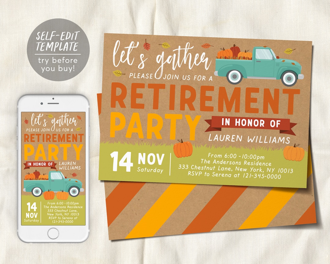 Fall Retirement Party Invitation Editable Template, Pumpkin Truck ...