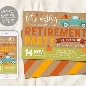 Fall Retirement Party Invitation Editable Template, Pumpkin Truck ...