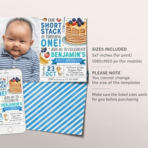Pancakes Breakfast Birthday Invitation With Photo Editable Template, Boy Shortstack First ...