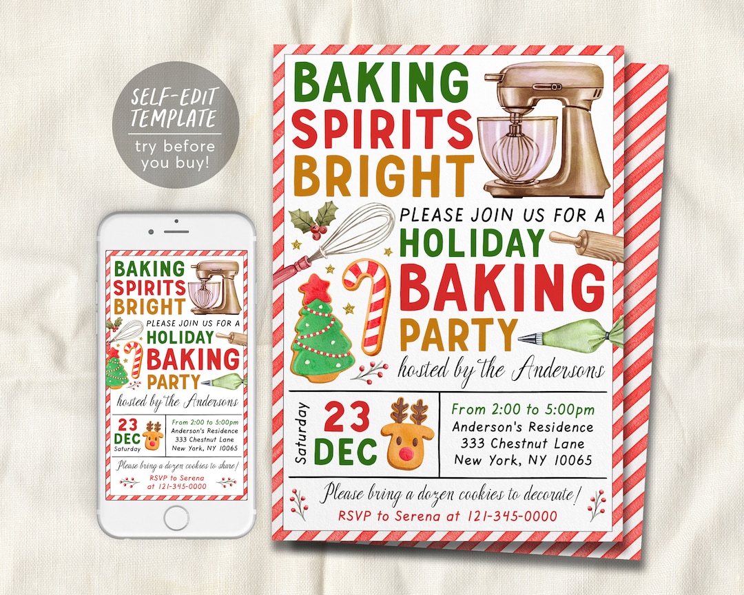 Baking Spirits Bright Invitation Editable Template, Holiday Baking ...
