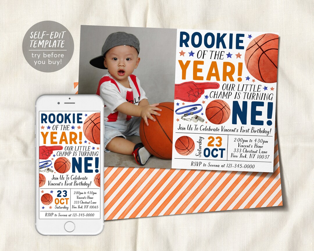 Basketball First Birthday Invitation With Photo Editable Template ...