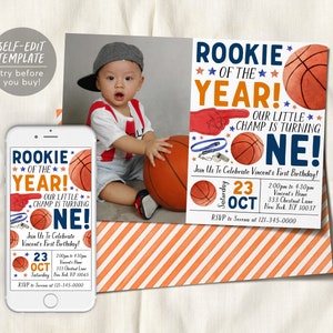 Basketball First Birthday Invitation With Photo Editable Template ...