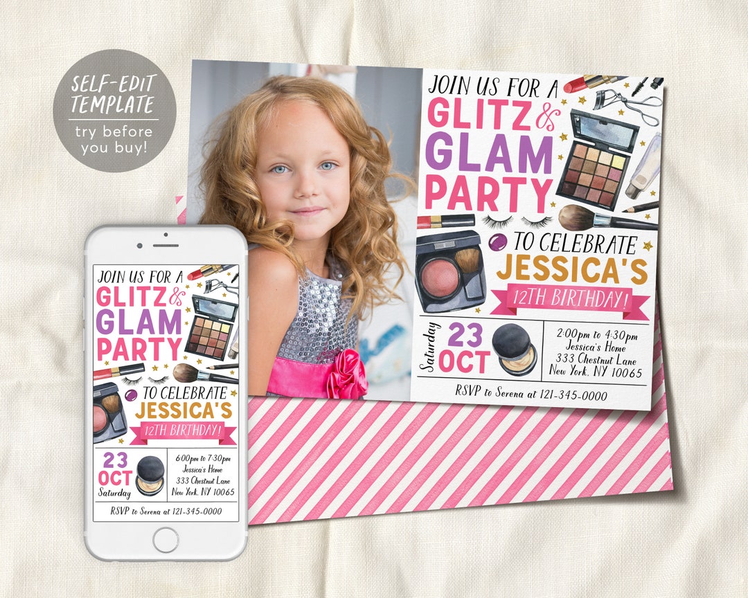 Glitz and Glam Birthday Party Invitation With Photo Editable Template ...