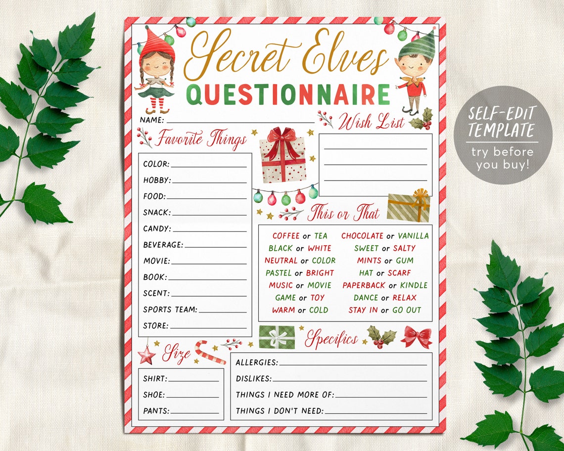 Secret Elves Gift Exchange Questionnaire Editable Template, Secret Elf ...
