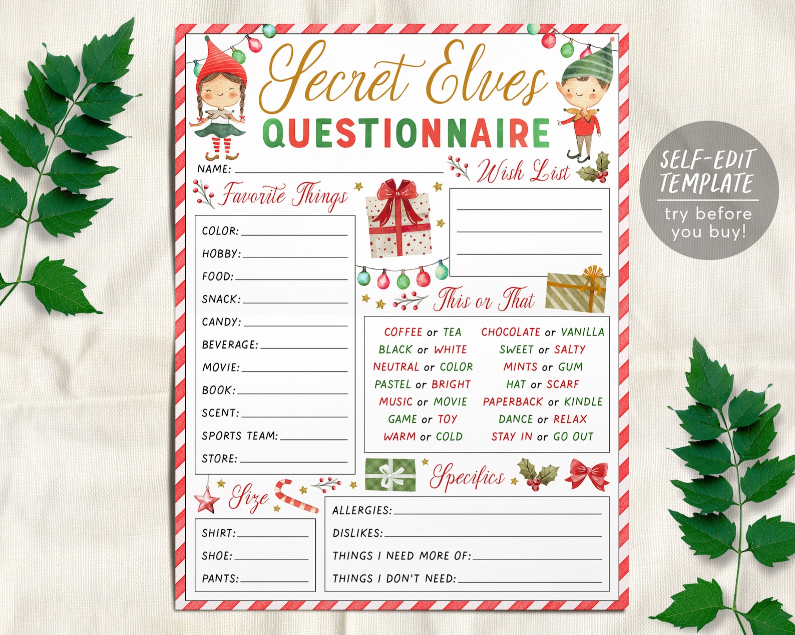 Secret Elves Gift Exchange Questionnaire Editable Template, Secret Elf ...