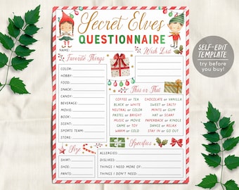 Secret Santa Questionnaire Holiday Gift Exchange Form - Etsy