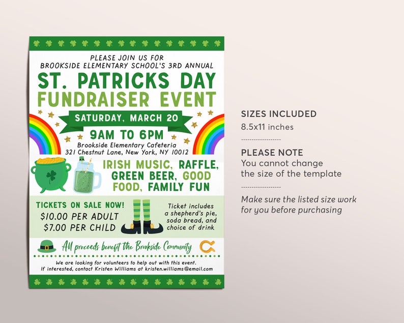St. Patricks Day Fundraiser Flyer Editable Template, Shamrock Rainbow ...