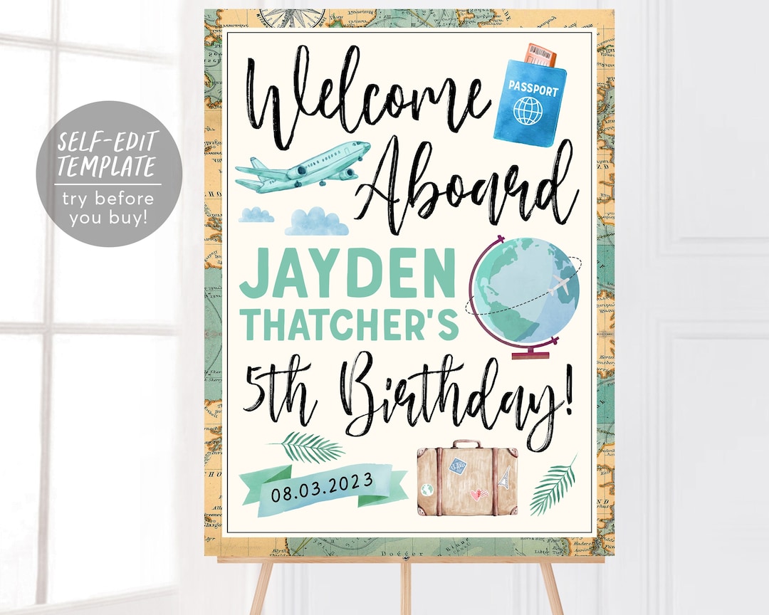 Welcome Aboard Airline Travel Themed Birthday Welcome Sign Editable ...