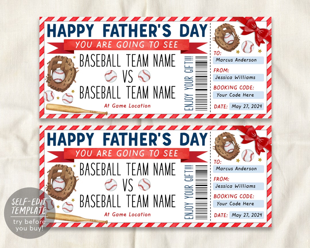 Father's Day Baseball Game Gift Ticket Editable Template, Surprise ...