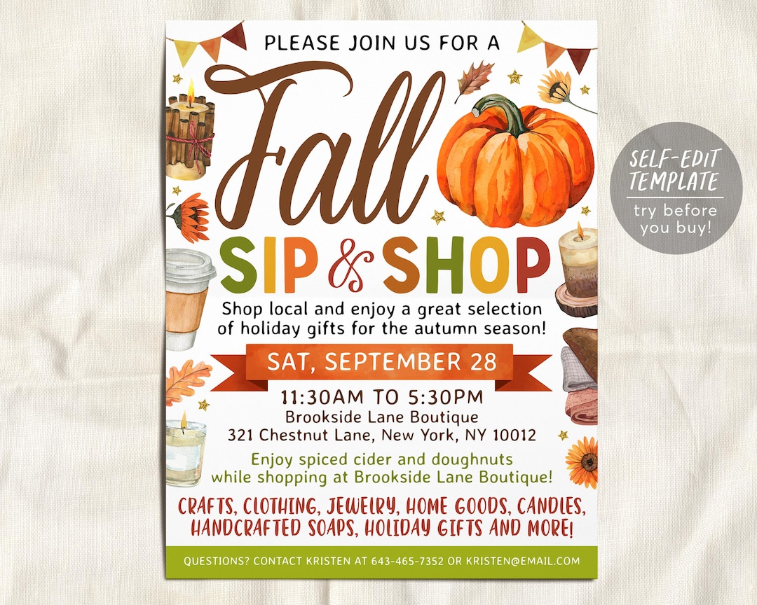 Sip and Shop Fall Holiday Boutique Flyer Editable Template ...