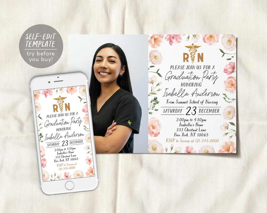 Nursing School Graduation Invitation With Photo Editable Template ...