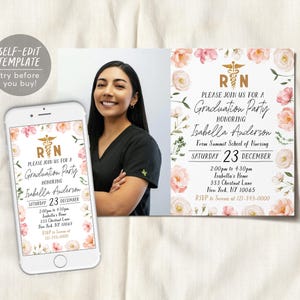 Nursing School Graduation Invitation With Photo Editable Template ...