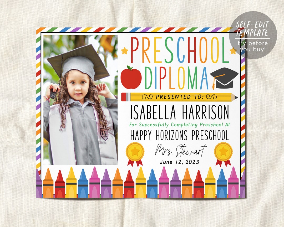 Preschool Graduation Diploma With Photo Editable Template, Prek ...