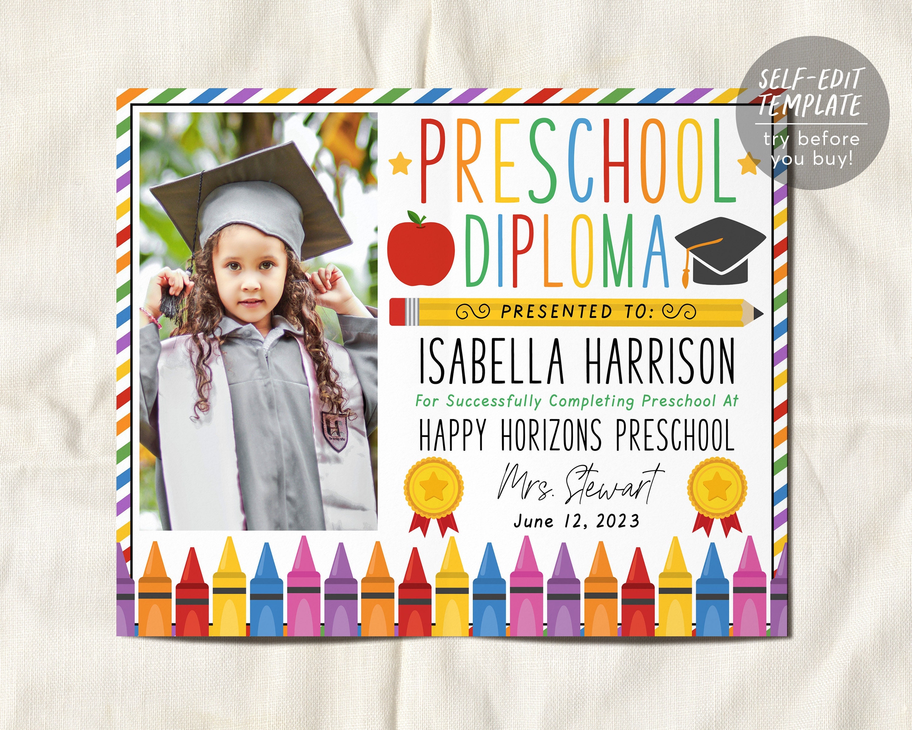 Preschool Graduation Diploma With Photo Editable Template - Etsy Canada
