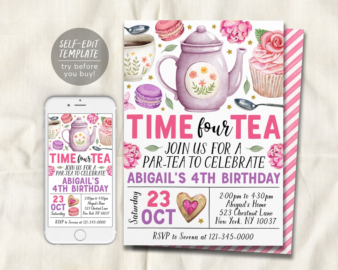 Time Four Tea 4th Birthday Invitation Editable Template, Kids Let's Par ...