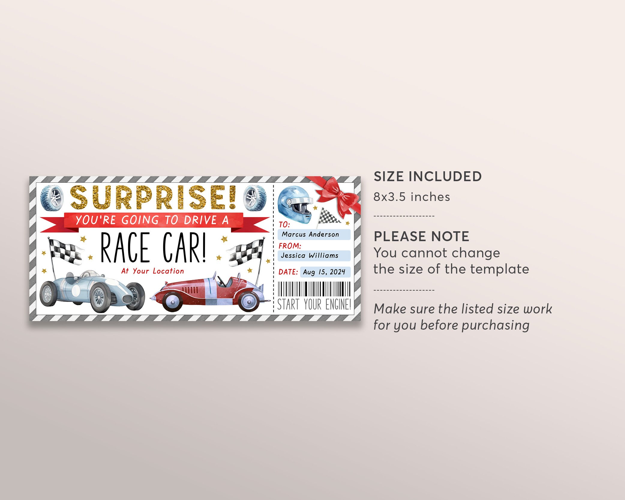 Race Car Ticket Gift Certificate Editable Template, Surprise Super Car ...