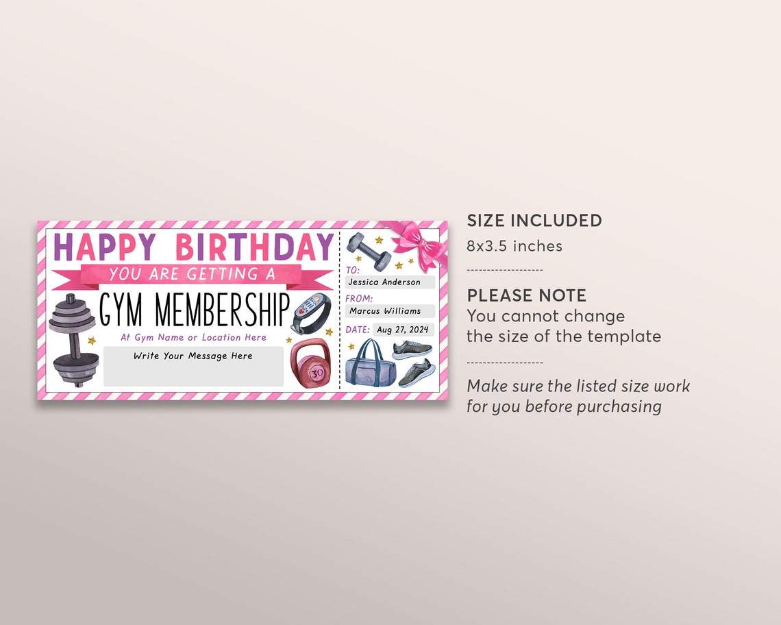 Gym Membership Ticket Editable Template, Birthday Surprise Personal ...