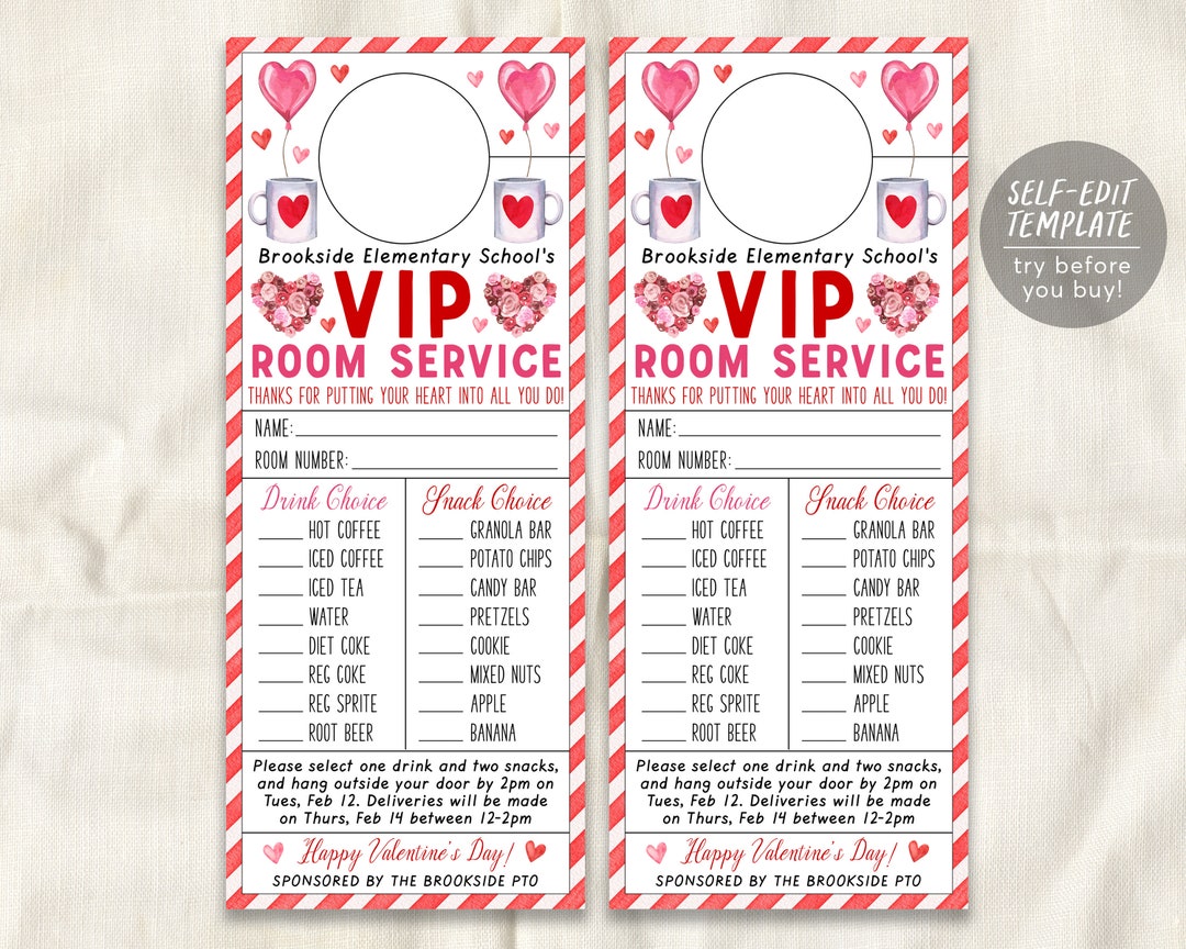 Valentine's Day VIP Room Service Door Hanger Editable Template ...