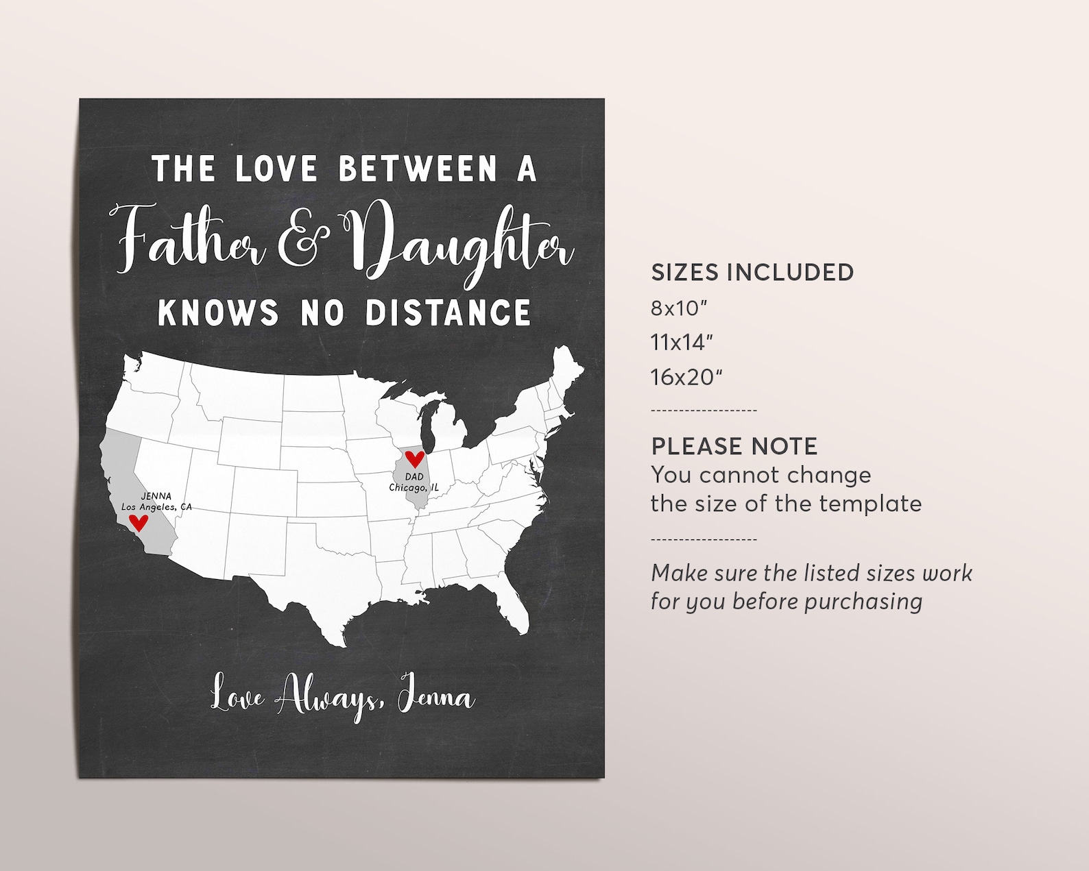 Editable Father Long Distance Map Gift From Daughter Template - Etsy