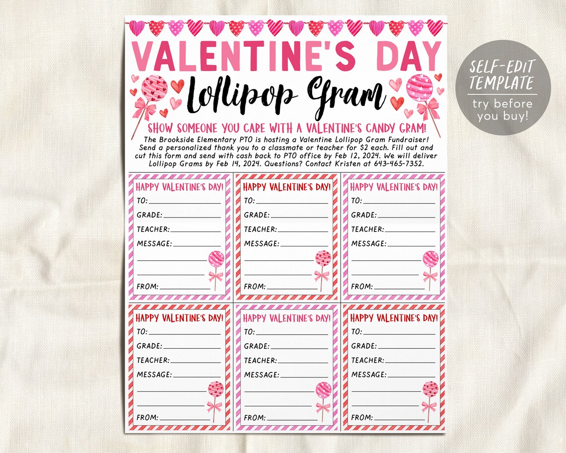 Valentine's Day Lollipop Gram Editable Template, Valentine Candy Gram ...