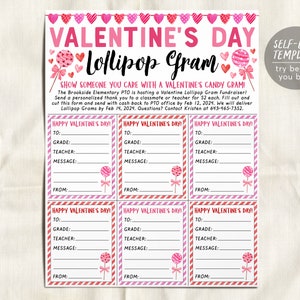 Valentine's Day Lollipop Gram Editable Template, Valentine Candy Gram ...