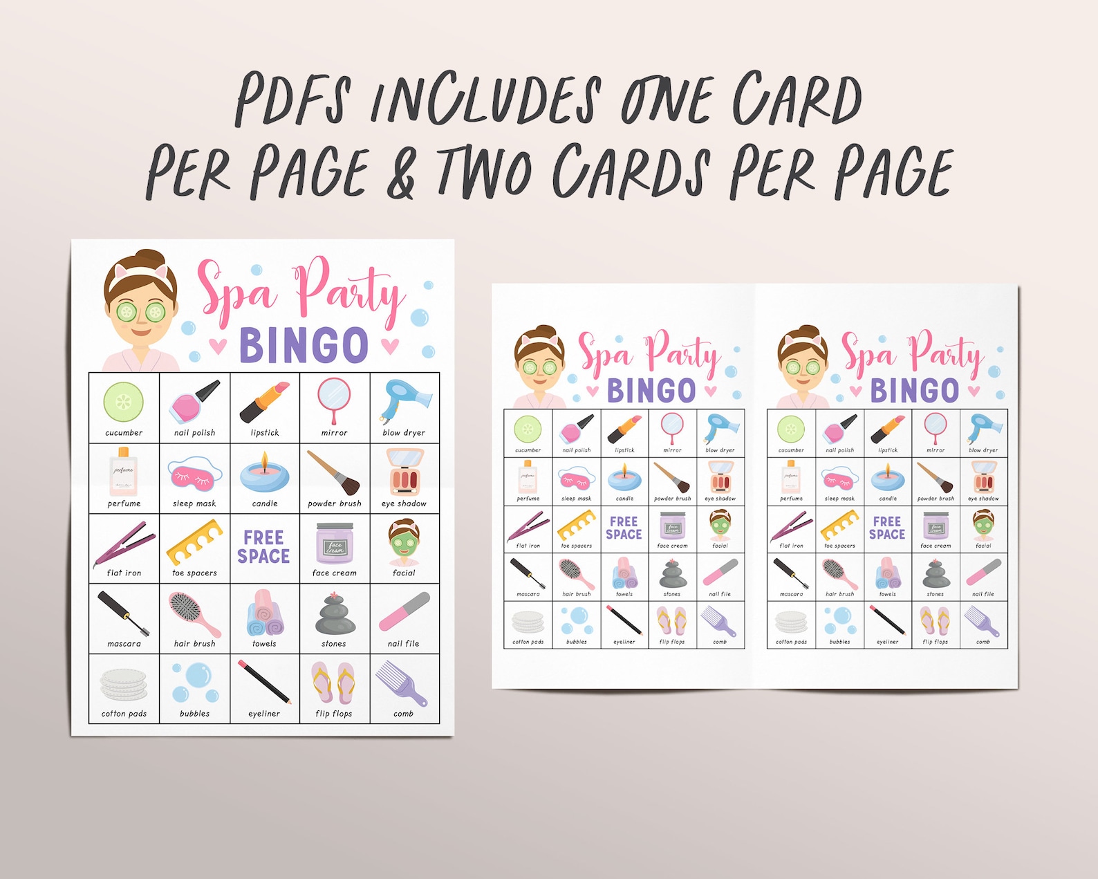 Spa Party Bingo Cards Printable Games for Kids Spa Bingo - Etsy