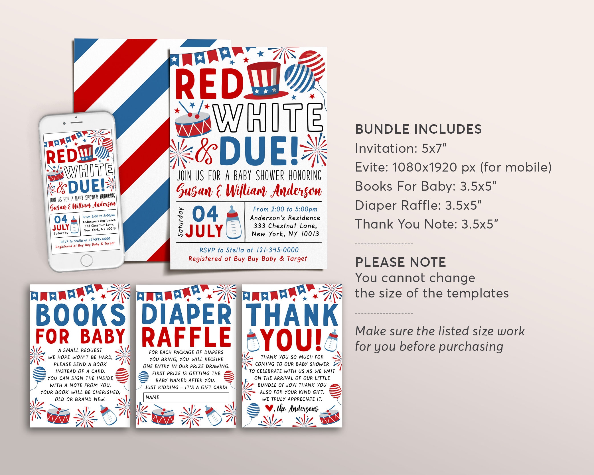 4th of July Gender Reveal Party BUNDLE Suite Set Editable Template, Red ...