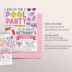 Softball Pool Party Birthday Invitation Editable Template, Summer ...