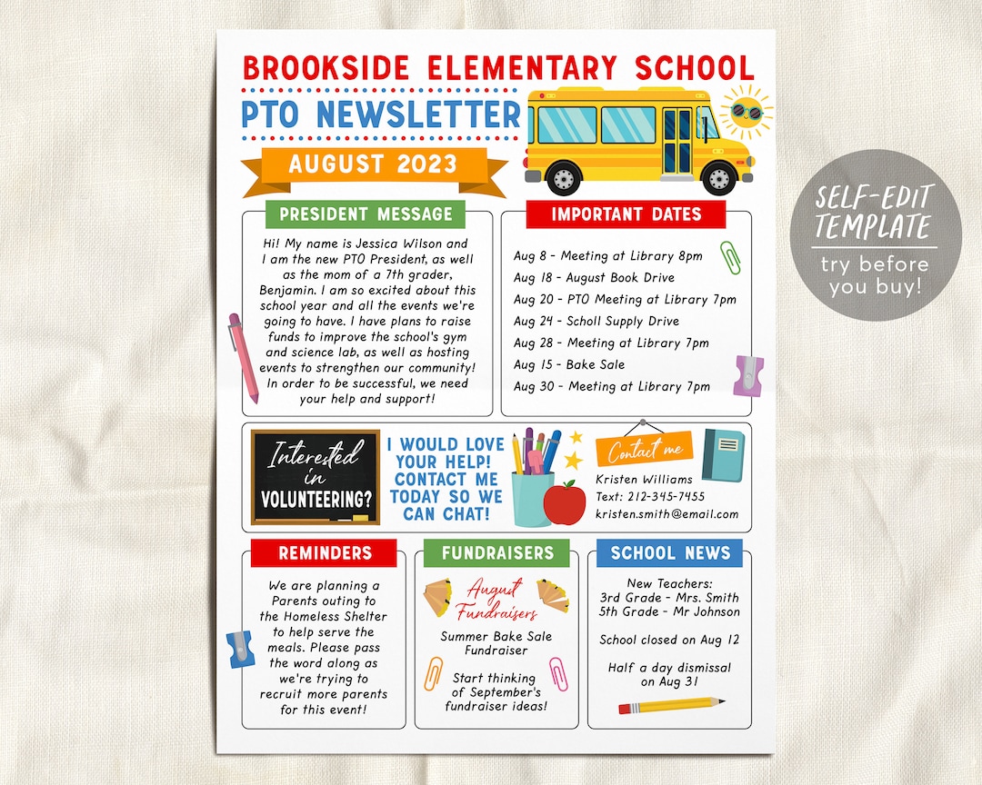 August PTO PTA Newsletter Flyer Editable Template, Summer Back to ...