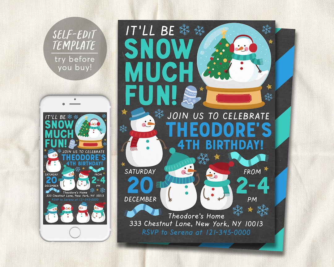 Snowman Birthday Party Invitation Editable Template, Chalkboard Winter ...