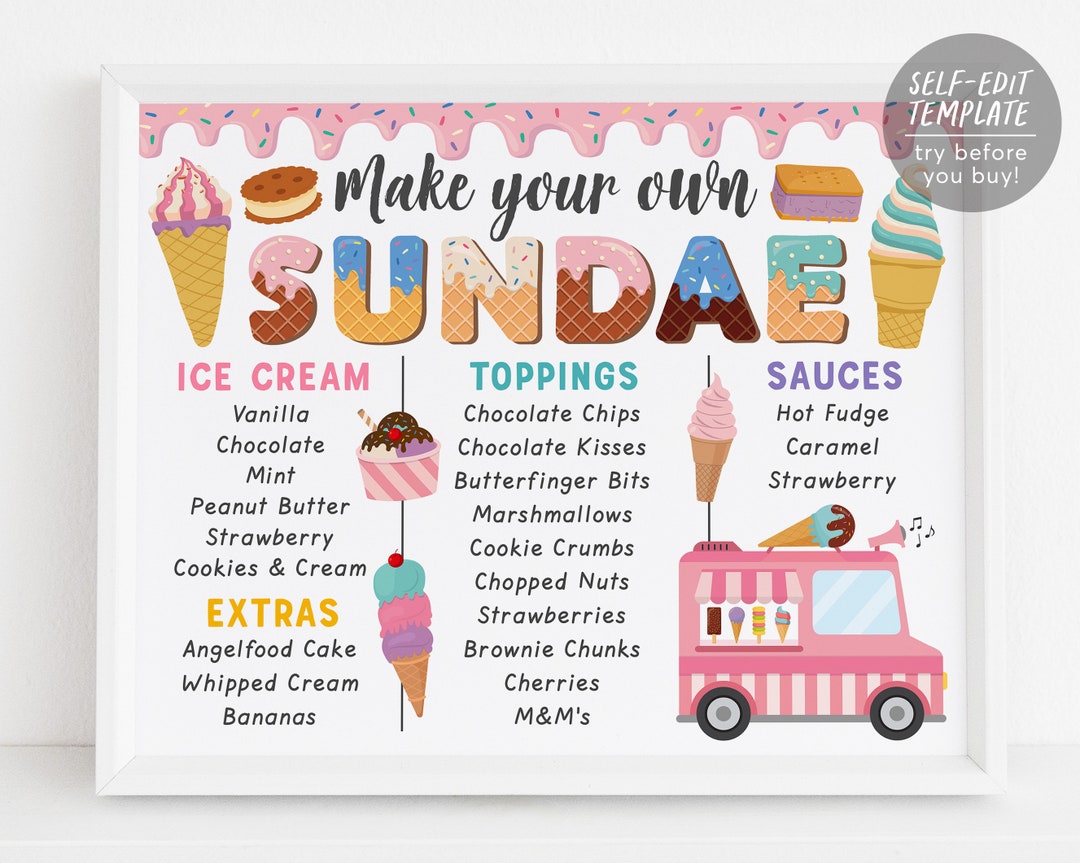 Make Your Own Sundae Menu Sign Editable Template, Ice Cream Girl ...