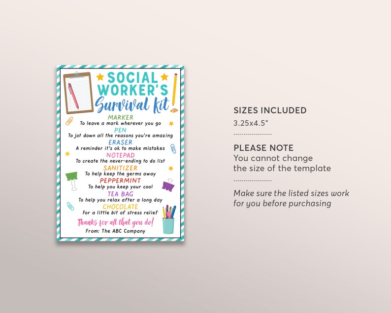 Social Worker Survival Kit Gift Tags Editable Template, School Social ...