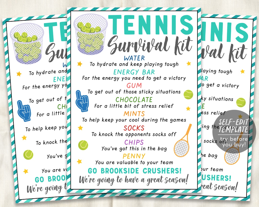 Tennis Survival Kit Gift Tags Editable Template, Tennis Player Team ...