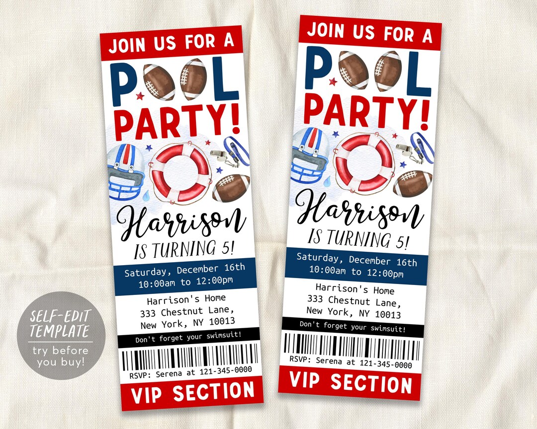 Football Pool Party Birthday Ticket Invitation Editable Template, All ...