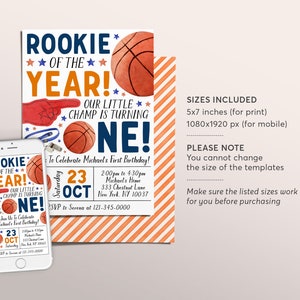 Basketball First Birthday Invitation Editable Template, Rookie of the ...