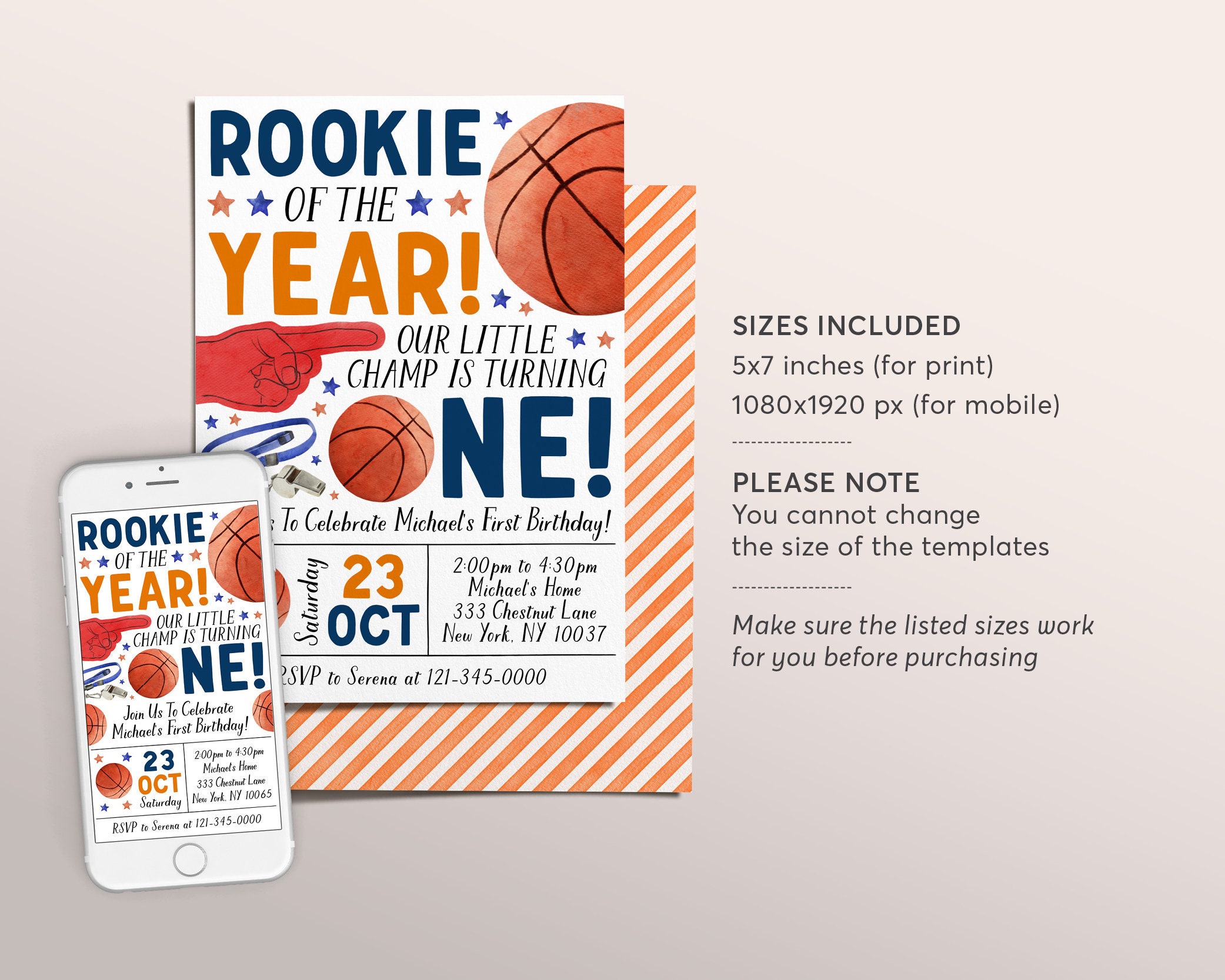 Basketball First Birthday Invitation Editable Template, Rookie of the ...