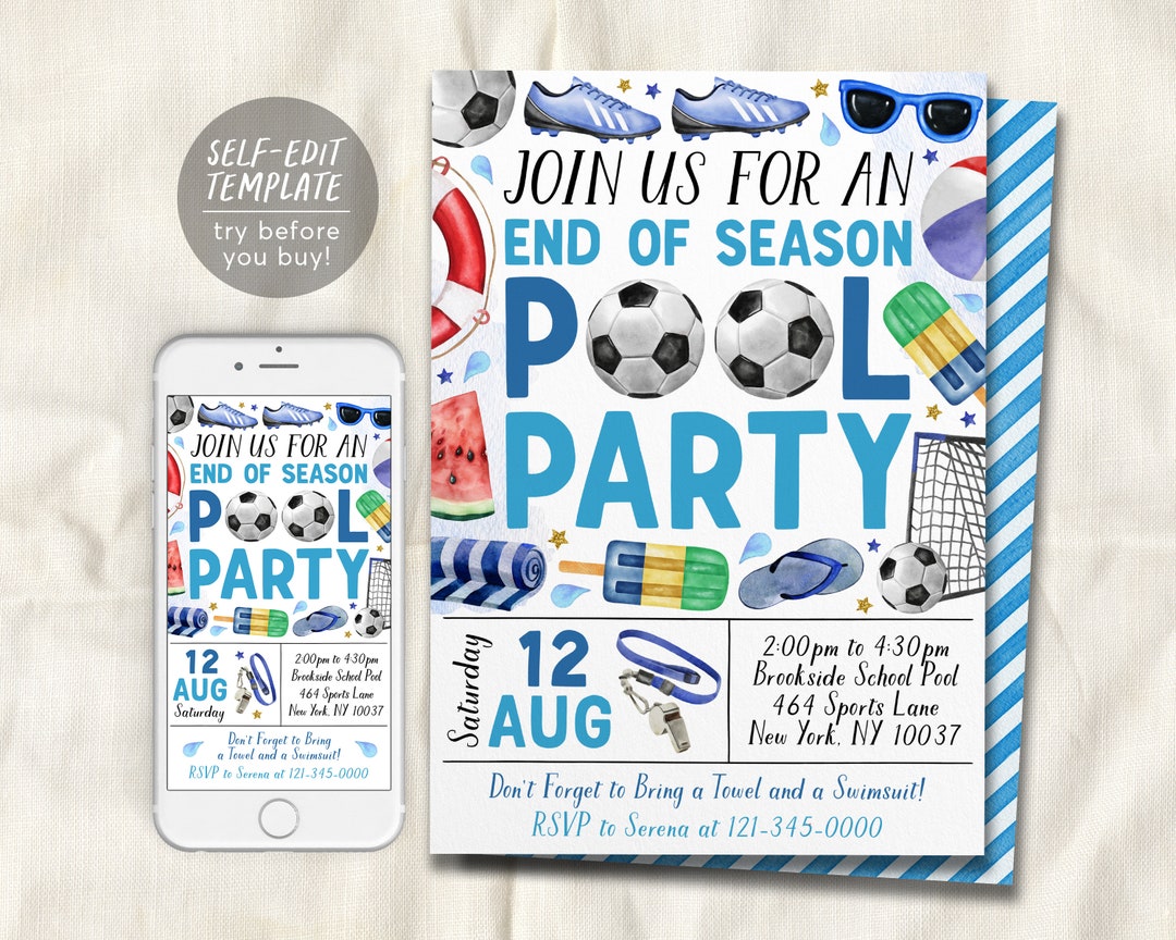 Soccer Pool Party Invitation Editable Template, Football End of Season ...