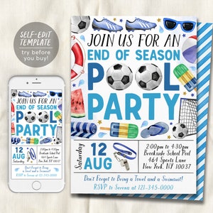 Soccer Pool Party Invitation Editable Template, Football End of Season ...