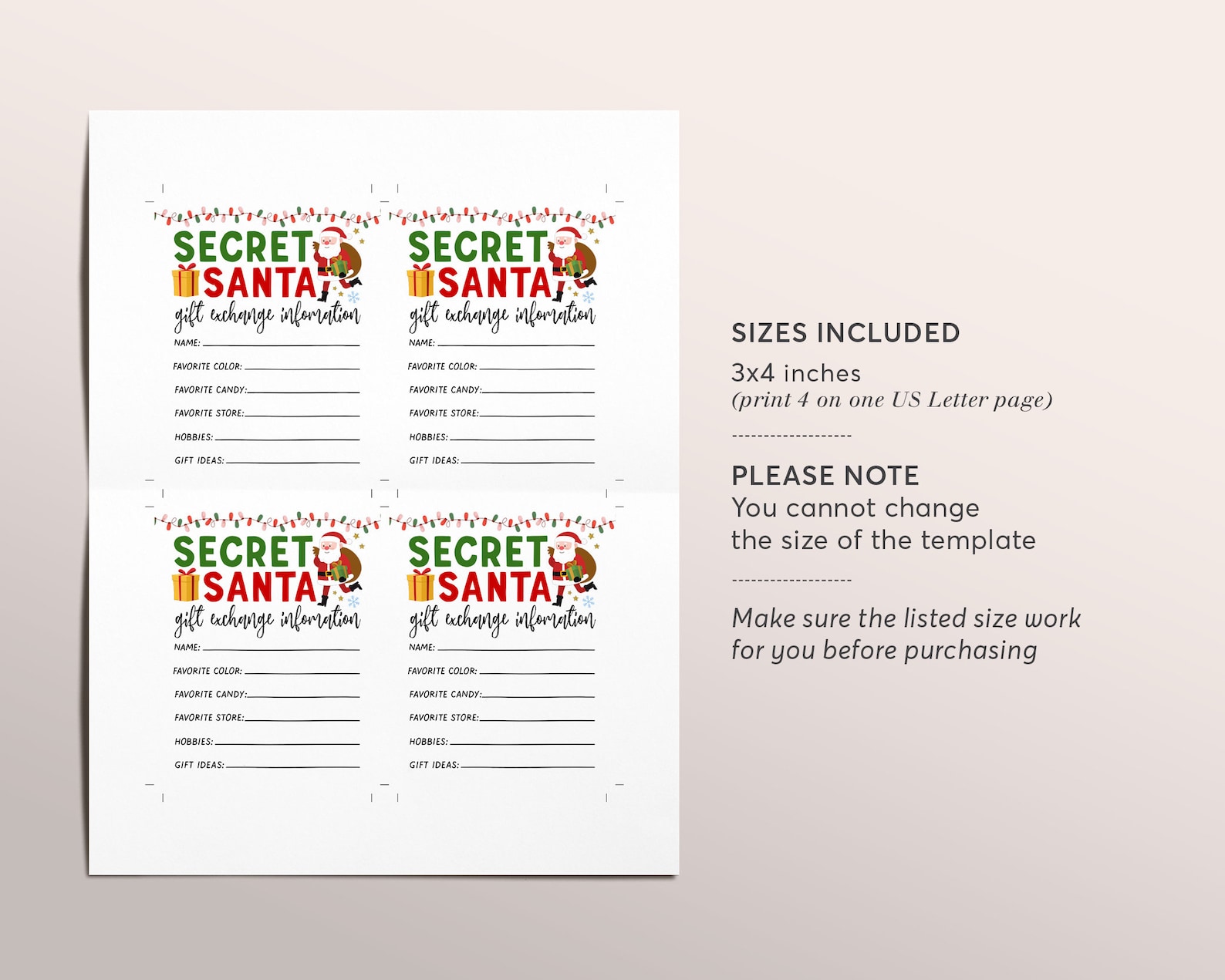Secret Santa Gift Exchange Cards Editable Template Holiday - Etsy